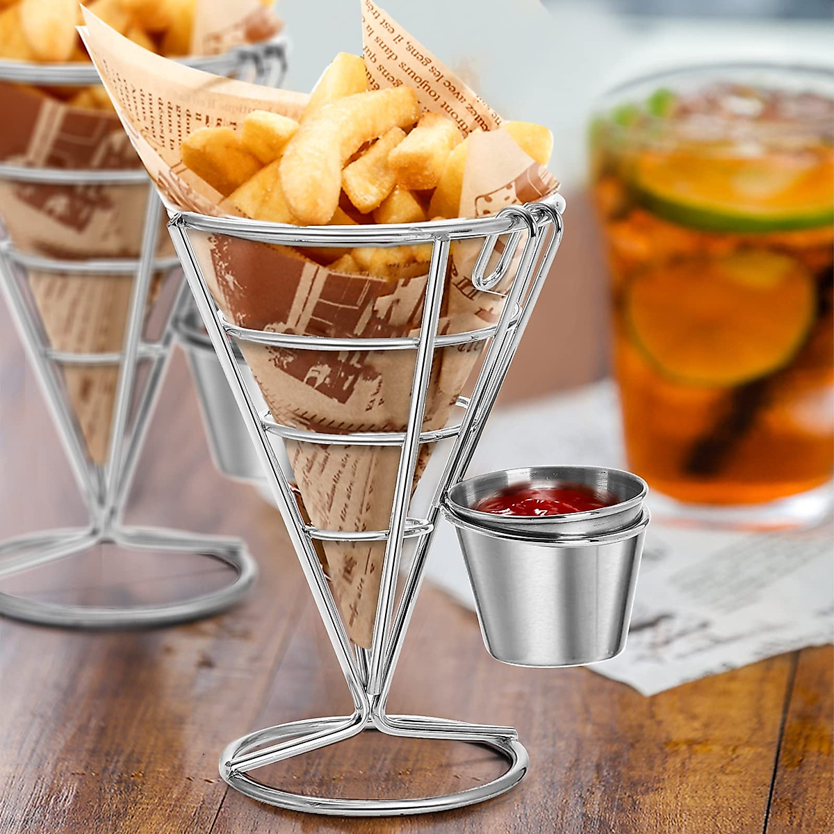 Peohud 4 Pack French Fries Stand, Chip Cone Basket with Sauce Dipper, Metal Wire French Fry Holder, Fried Chicken Display Rack for Food Snack Appetizers Kitchen Restaurant Buffet Picnic Party