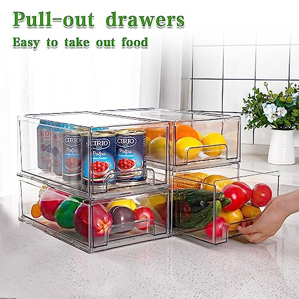 Totexil Fridge Drawers, 2 Pack Clear Stackable Pull Out Refrigerator Organizer Bins,BPA-Free Plastic Pantry Organization and Storage,Clear Storage Bins with Drawers for Kitchen Cabinet Office(X-Large)