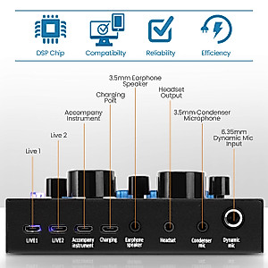 Pyle PKSCRD208 Bluetooth Mini Audio Interface Mixer - 2 Channels, DSP Noise Reduction, 6 Sound Modes, 12 Sound Effects, USB Connectivity, Compatible with Smartphone, PC, Laptop
