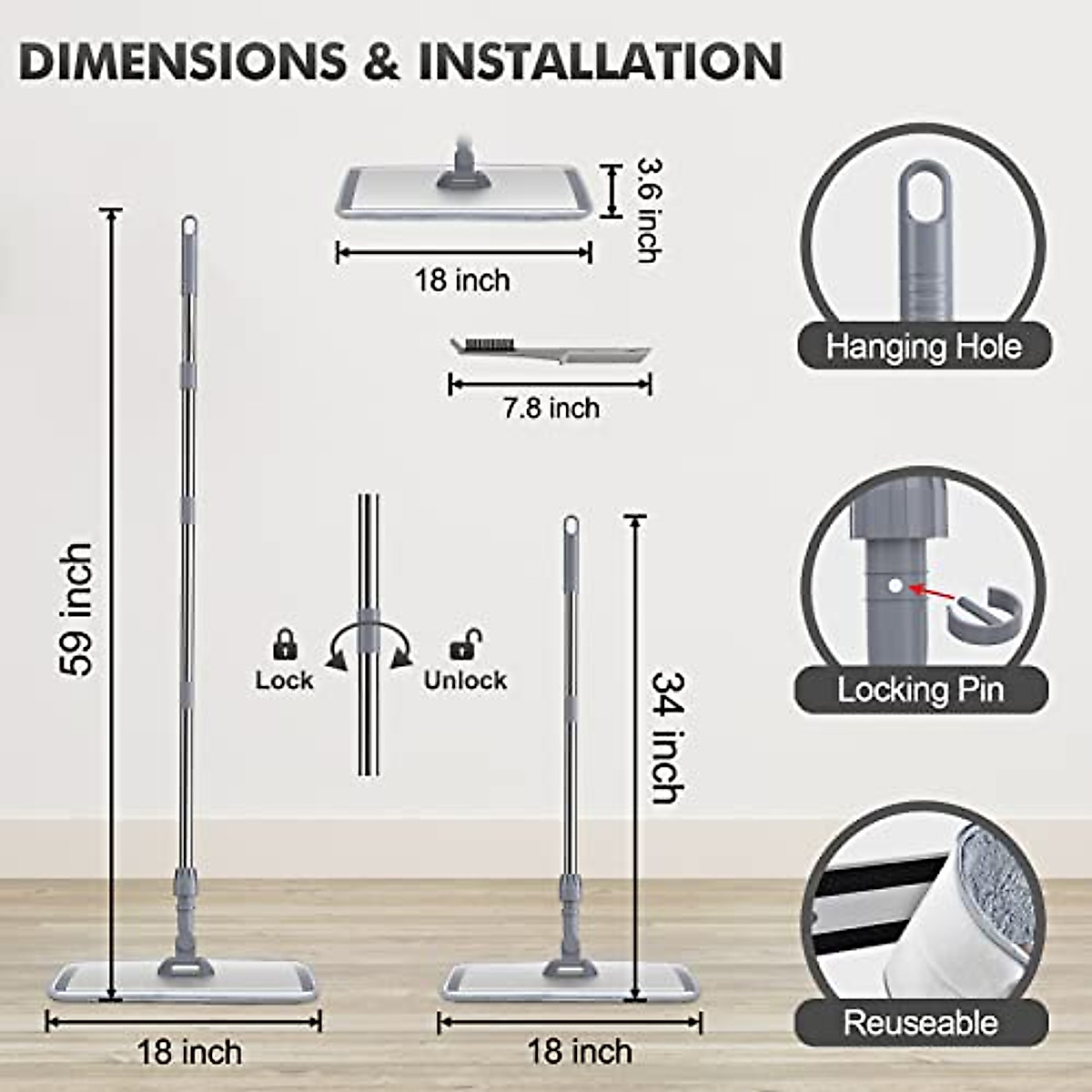Sunally 18 Inch Professional Microfiber Floor Mop, Wet and Dust Mop with 4 Reusable Mop Pads, Gray