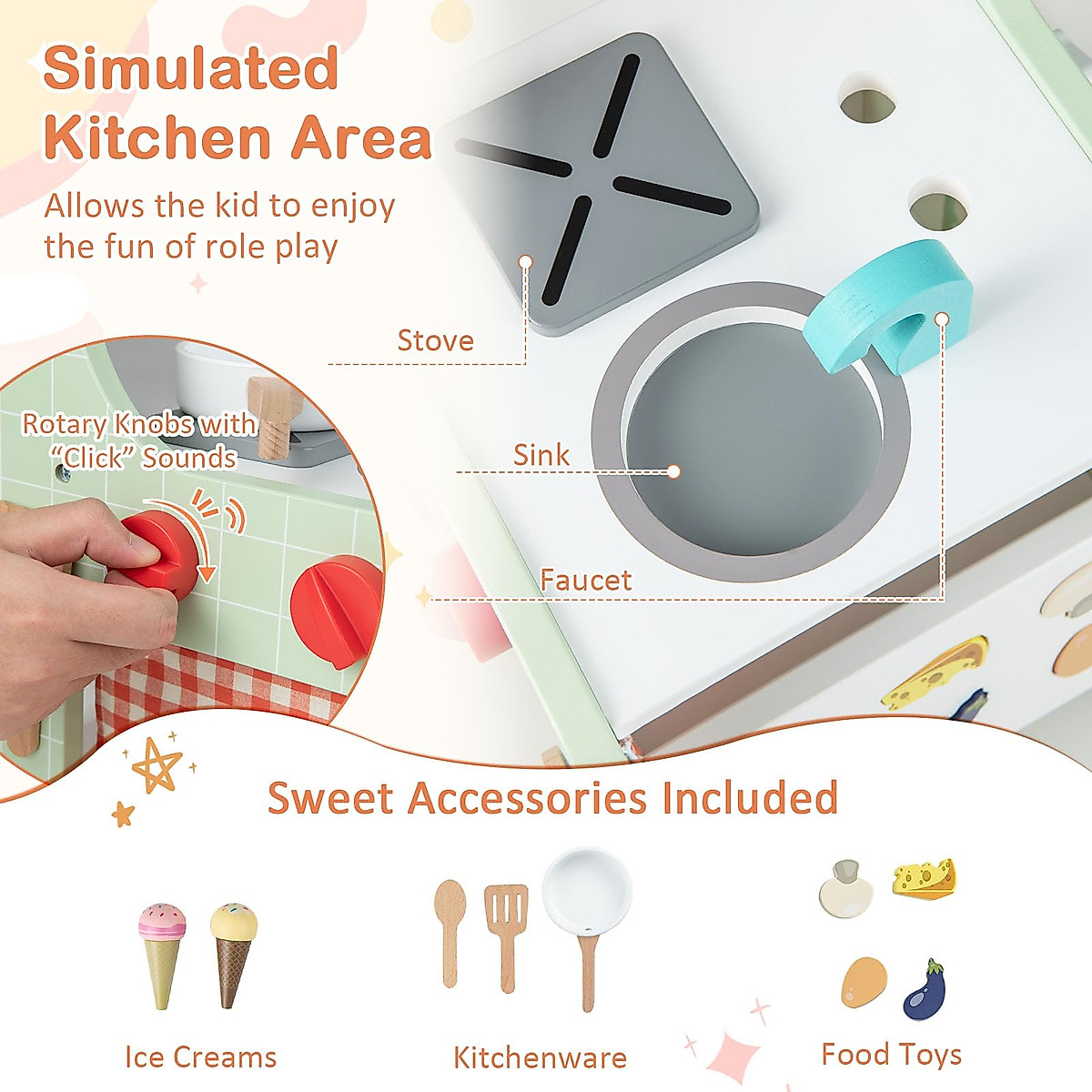 HONEY JOY Baby Push Walker, 6-in-1 Wooden Play Kitchen Walker Activity Center w/Shape Sorter, Develop Motor Skills & Creativity, Push Toys for Babies Learning to Walk, Gift for Boys and Girls