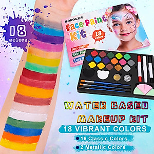 Face Painting Kit for Kids,18 Colors Face Paint Kit with Stencils Professional,Water Based Non Toxic Facepaint Makeup Kit with Gem Sticker Brushes Crayons for School Carnival,Halloween,Christmas Party