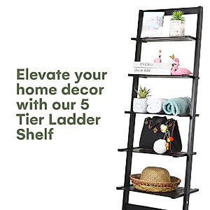 Hallops 5 Tier Black Ladder Shelf - Leaning Wooden Bookshelf for Office, Bathroom, and Home Décor - Tall Standing Wall Bookcase - Display Books, Décor, and More with Style - 11.5''D x16.25''W x50''H