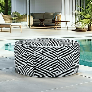 Codi Outdoor Pouf Ottoman, Inflatable Ottomans for Patio, Porch and Beach, Water Repellent Round Foot Rest with Handle, D21'' x H9'', Black and White