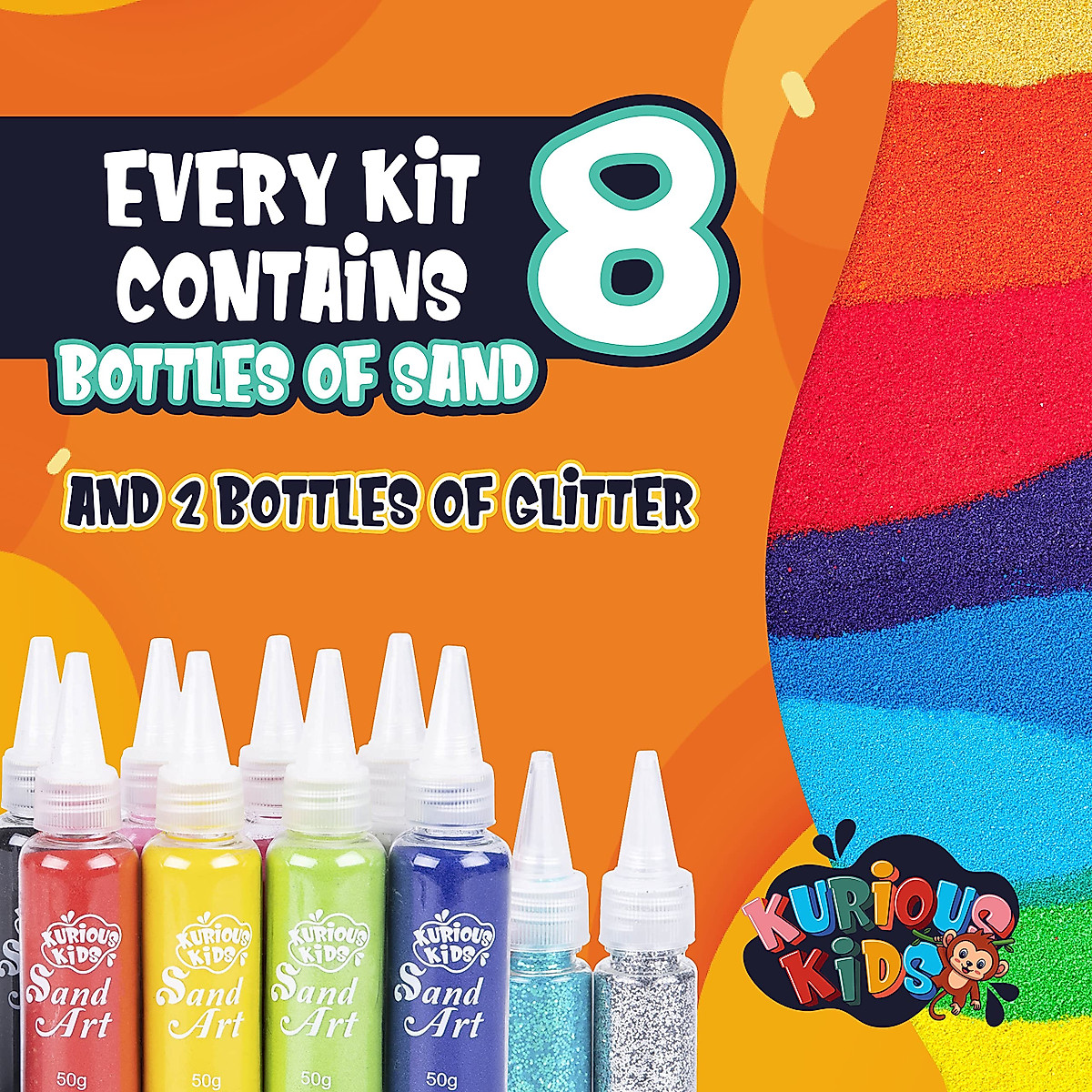Sand Art Kit for Ages 3 to 10 - Everything Kids Need for Fun DIY Crafts - 16 Sand Peel&Sprinkle Pictures, 2 Sand Art Bottles, 8 Jars of Colored Sand, 2 Jars of Glitter, 1Tray, Funnel, Brush & Art Tool