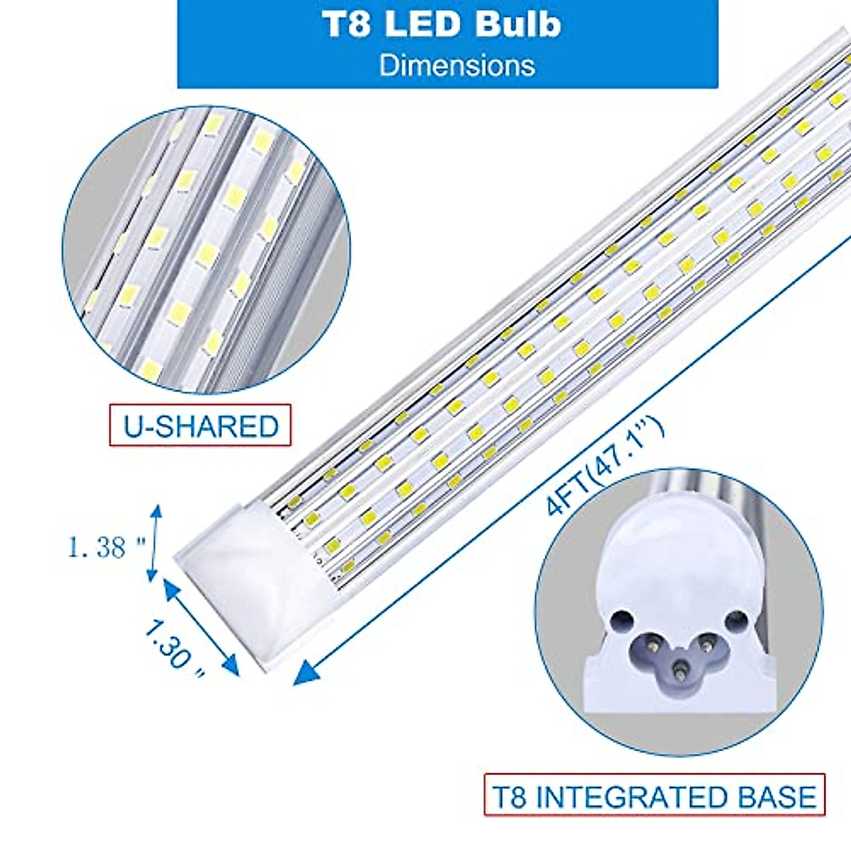 TOPTRONED (6-Pack) LED Shop Light, 4FT 75W 9000LM 5000K, Daylight White, U Shape, Clear Cover, Hight Output, Linkable Shop Lights, T8 LED Tube Lights, LED Shop Lights for Garage 4 Foot with Plug