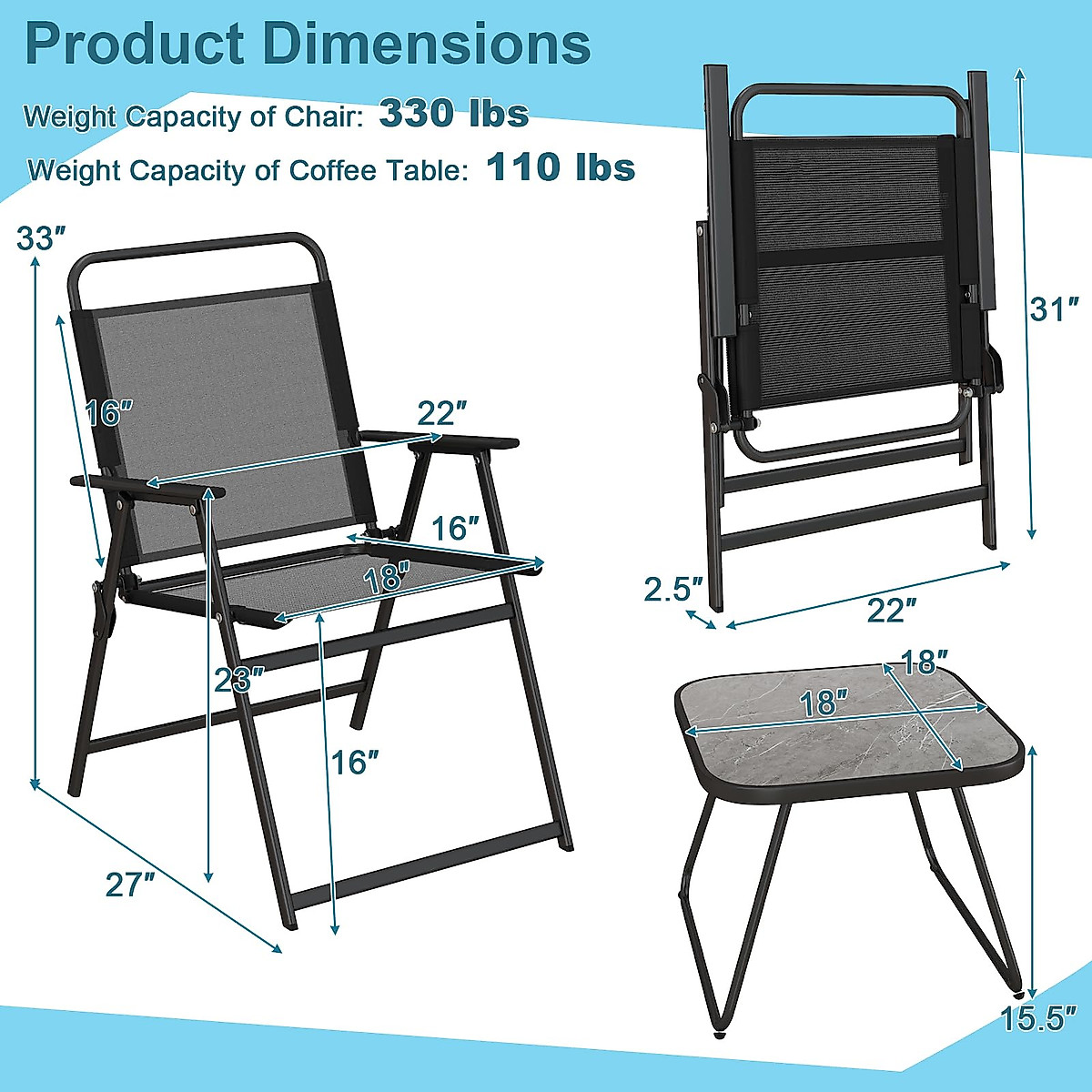 Tangkula 3 Piece Patio Folding Bistro Set, 2 Folding Chairs with Coffee Table, Breathable Fabric & Heavy-Duty Metal Frame, Outdoor Portable Folding Chair Set for Backyard, Poolside, Balcony (Black)