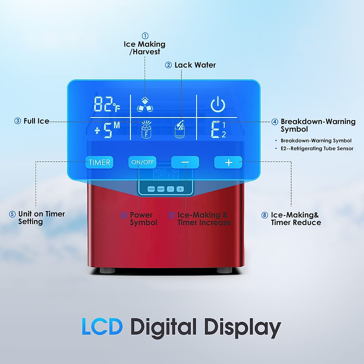 FREE VILLAGE Ice Maker Machine Countertop, 40Lbs/24H, Auto Self-Cleaning, 24pcs Ice Cube in 13 Mins, Portable Compact Ice Cube Maker, with Ice Scoop & Basket, Ideal for Home/Kitchen/Office/Bar, Red