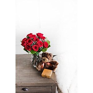 From You Flowers - One Dozen Red Roses & Chocolate & Teddy Bear with Glass Vase (Fresh Flowers) Birthday, Anniversary, Get Well, Sympathy, Congratulations, Thank You