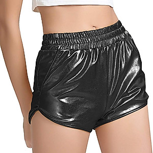 Women's Yoga Hot Shorts Elastic Waist Shiny Metallic Pants (Black, M)