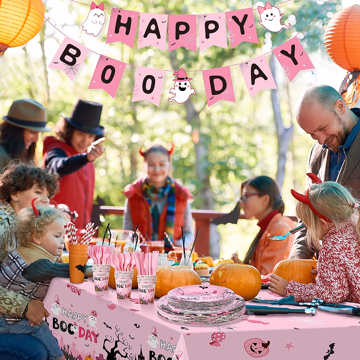 Halloween Happy Boo Day Baby Shower Party Decorations,Pink Ghost Pumpkin Disposable Tableware Paper Plates Napkins Cups Tablecloth Banner for Girl Halloween Birthday Baby Shower Party Supplies,Serve25