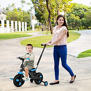 BABY JOY 5 in 1 Toddler Tricycle, Folding Kids Trike Baby Balance Bike w/Adjustable Steering Push Handle, Removable Pedals & Detachable Auxiliary Wheels, Ride-on Toy for 18-60 Months Boys Girls, Blue