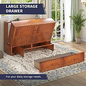 Queen Size Murphy Bed,Cube Chest Cabinet Bed with Charging Station & 3 Level Foldable Memory Foam Mattress & & Large Drawer for Guests/Bed Room (Cherry)