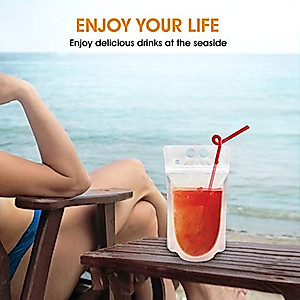 200Pcs Reusable Drink Pouches Clear Drink Bags with Disposable Plastic Straws Smoothie Bags Juice Bags Reclosable Double Zipper Handheld Translucent Stand-up Frozen Drink Pouches for Adults