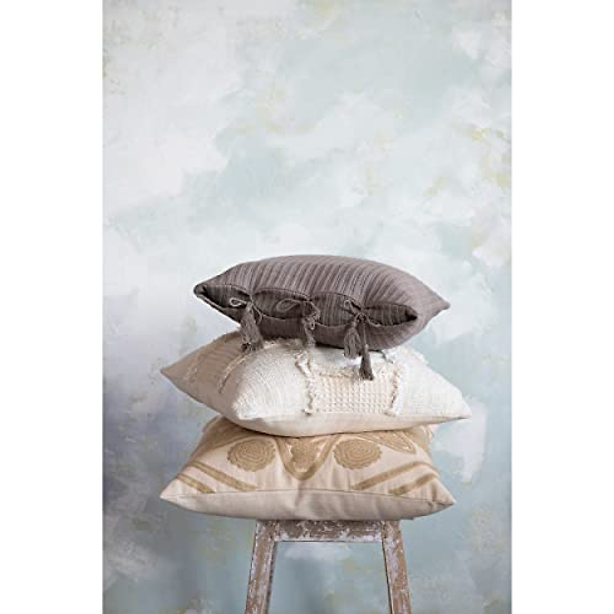 Creative Co-Op Woven Cotton and Wool Patchwork Frayed Edges Pillow, 18" L x 18" W x 2" H, Cream