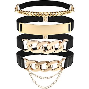 Zhanmai 4 Pieces Belts for Women Metal Gold Stretch Waist Belt Skinny Wide Chain Belt Elastic Belt for Dress