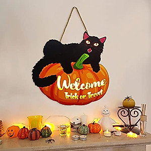 Halloween Decorations, Trick or Treat Sign for Front Door Decor with Light, Wooden Door Hanging Decor with black cat on pumpkin for Home Office School Party Haunted House