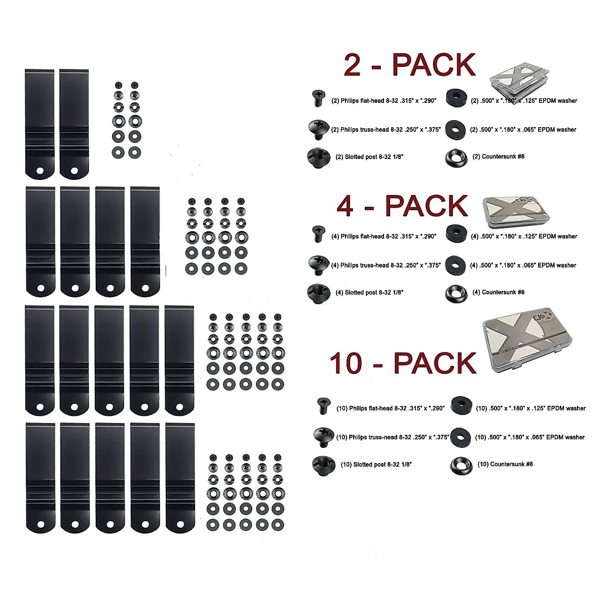 CKX-12 Heavy-Duty Black Metal Belt Clip, fits up to 1.75” Belt Attachment for IWB/OWB Kydex/Leather Knife Sheath and Gun Holsters. Sets of 2, 4 and 10 Units w/Mounting Hardware (6 Parts Each) (2)