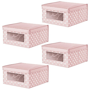 mDesign Medium Soft Stackable Fabric Baby Nursery Storage Organizer Holder Bin Box with Front Window and Lid for Child/Kids Bedroom, Playroom, Classroom - 4 Pack - Pink/White Polka Dot
