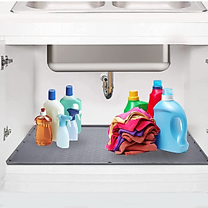 Under Sink Mat Waterproof, Under Sink Liner with Drain Hole, Kitchen Bathroom Silicone Cabinet Liner Hold up to 3.3 Gallons Liquid (Grey), Gray, 34 inches * 22 inches * 1 inches