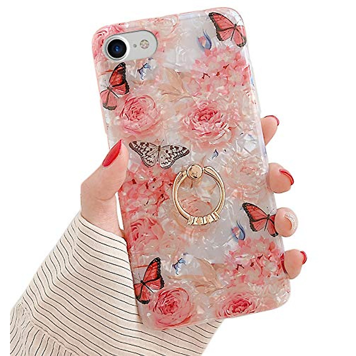 Qokey Compatible with iPhone SE Case 2022/2020,iPhone 8 Case,iPhone 7 Case 4.7 inch Flower Cute Fashion Cover for Women Girl 360 Degree Rotating Ring Kickstand Soft TPU Shockproof Cover Rose Butterfly