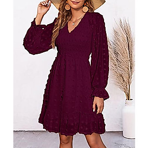BTFBM Women Long Sleeve V Neck Smocked Short Dress Flowy Casual SwissDot Ruffle Mini Babydoll Summer Fall Dresses 2023(Solid Wine Red, Large)