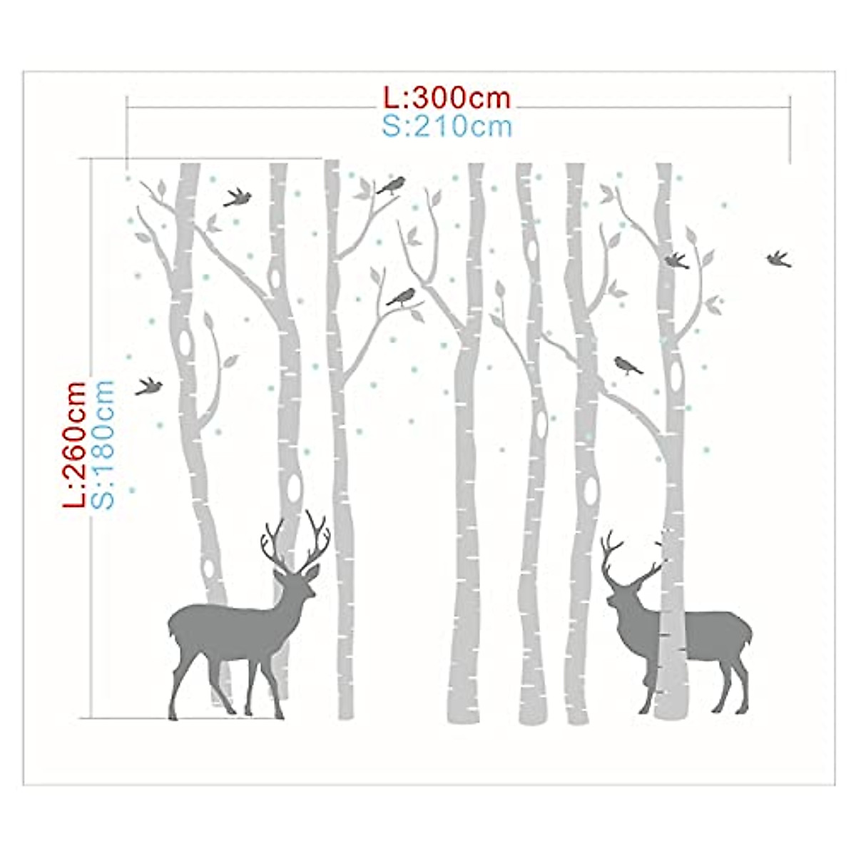 HOSNNER Deers Tree Wall Stickers - Forest Mural Wallpaper for Bedroom Kids Baby Nursery Vinyl Removable DIY Decals 82.7x70.9 inch Grey+Black