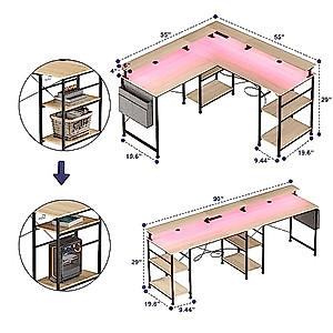Tbfit L Shaped Desk, Reversible Corner Computer Desk with Power Outlet and LED Strip, Gaming Computer Desk with Monitor Stand and Storage Shelf, 2 Person Long Writing Study Table, Oak
