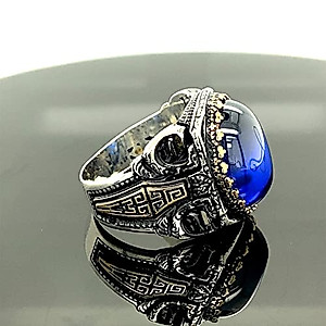 Sapphire Stone Ring, Men Handmade Silver Ring, Greek Style Ring, Handcrafted Ottoman Men Rin