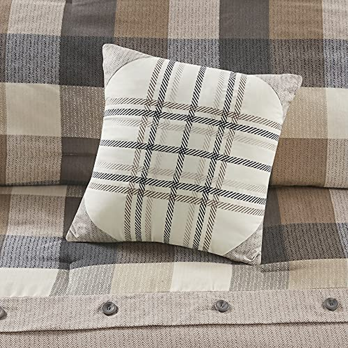 Madison Park Ridge Comforter Set-Cabin Lodge Plaid Herringbone Design All Season Down Alternative Cozy Bedding with Matching Bedskirt, Shams, Decorative Pillow, Queen(90"x90"), Neutral 7 Piece