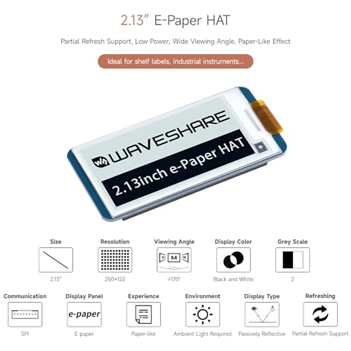 Waveshare 2.13inch E-Paper Display HAT Compatible with Raspberry Pi 5/4B/3B/Zero/Zero W/Zero 2W/Pico/Pico W/Pico WH/Jetson Nano, 250x122 Resolution Black/White Dual-Color