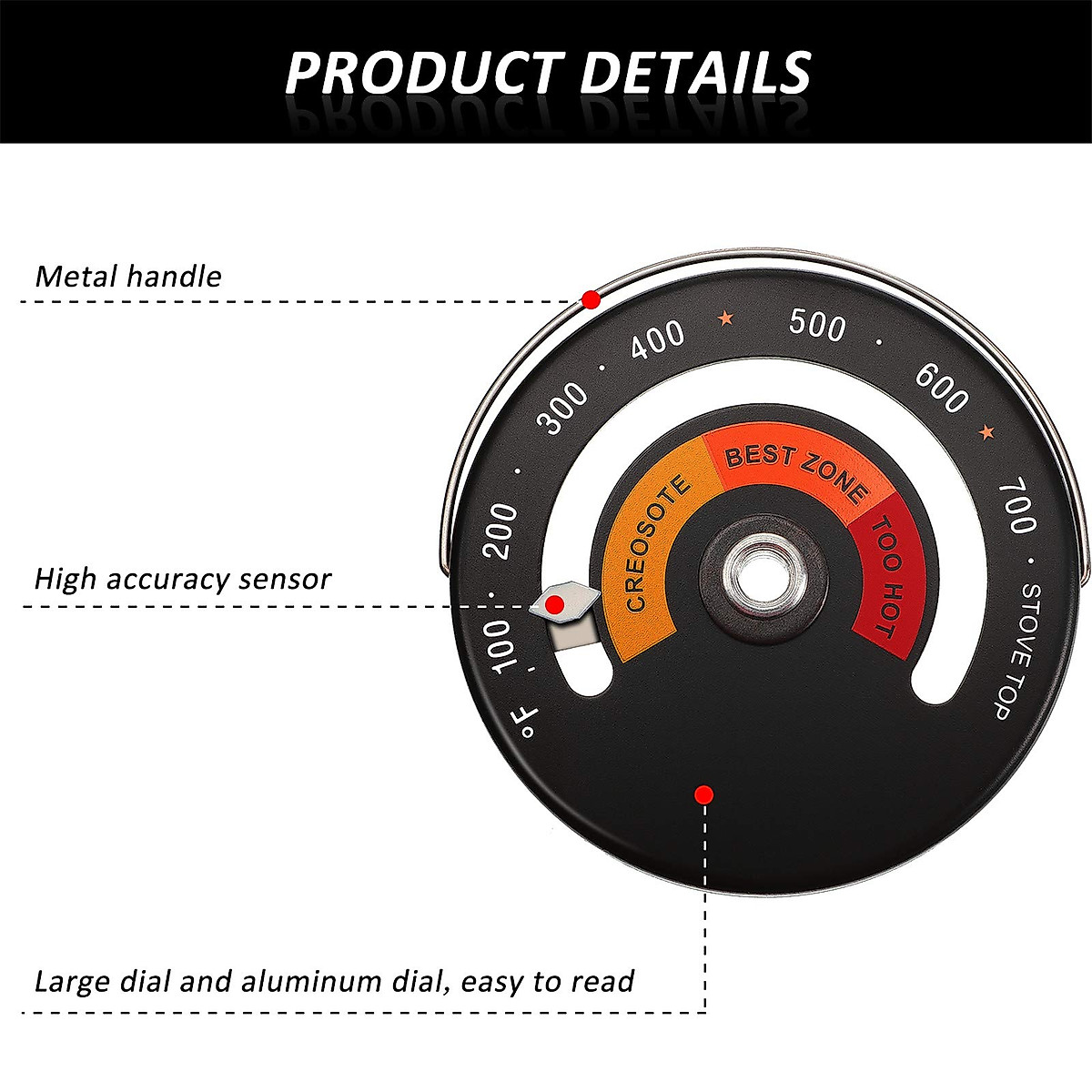 Frienda Wood Stove Thermometer Magnetic, Oven Temperature Meter Stove for Wood Burning Stoves Top, Avoiding Gas Stoves Pellet Stoves Chimney Pipe Damaged by Overheat(1 Piece)