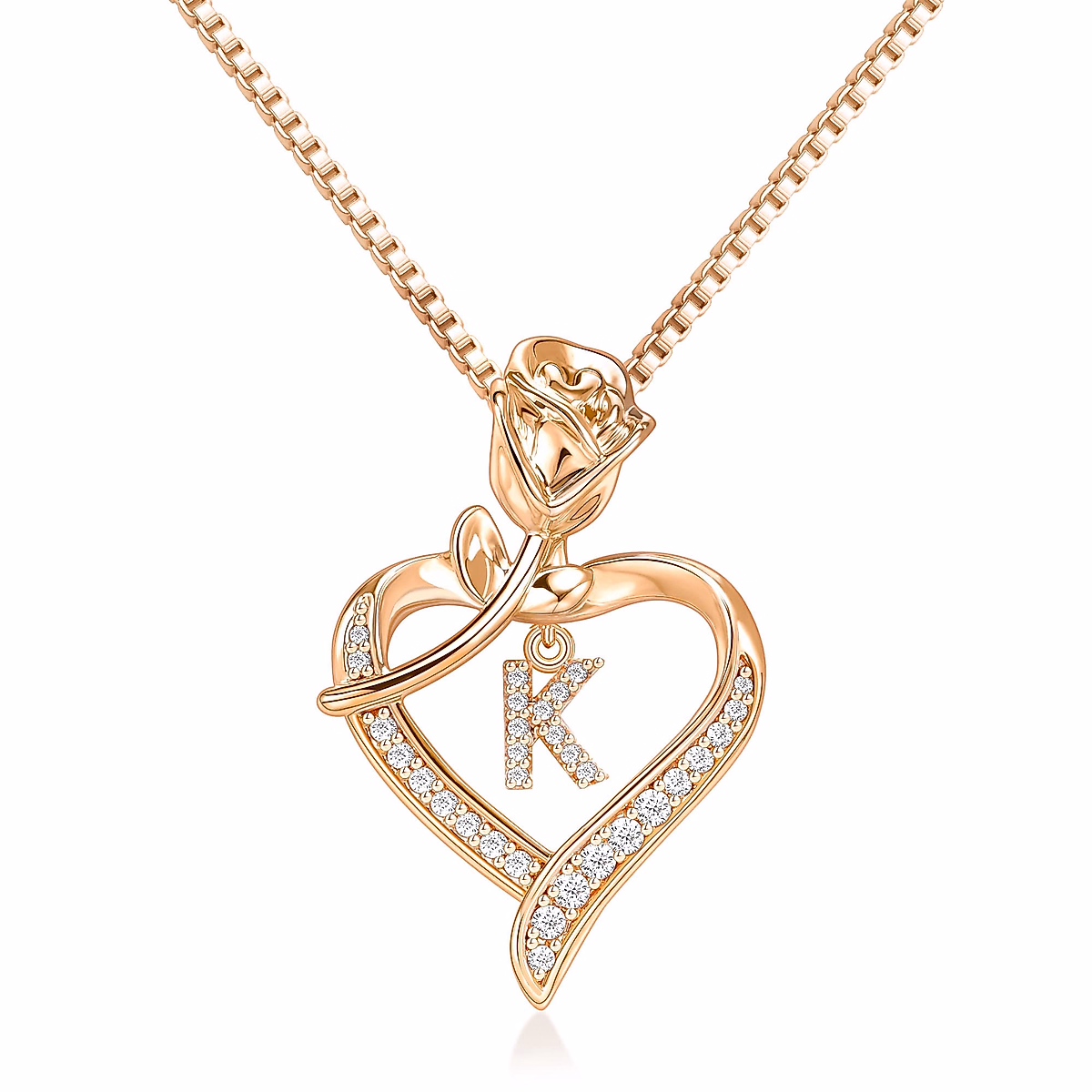 JSJOY Initial Necklaces for Women Letter K Necklace Initial Rose Flower Heart Necklace for Mom Daughter Birthday Jewelry Gifts Stocking Stuffers for Teens