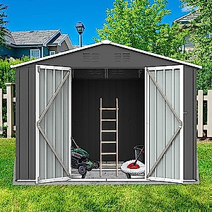 Zevemomo 8 x 6 ft Outdoor Storage Shed, All Weather Tool Shed with Metal Foundation & Lockable Doors, Metal Shed Outdoor Storage for Garden, Patio, Backyard, Lawn, Grey