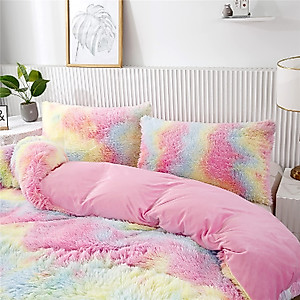 RYNGHIPY 3Pcs Rainbow Girls Bedding Sets Twin Size Ultra Soft Long Hair Plush Shaggy Duvet Cover with Pillowcases Colorful Tie Dye Bedding Set with Hidden Zipper Closure (Colorful Pink,Twin)