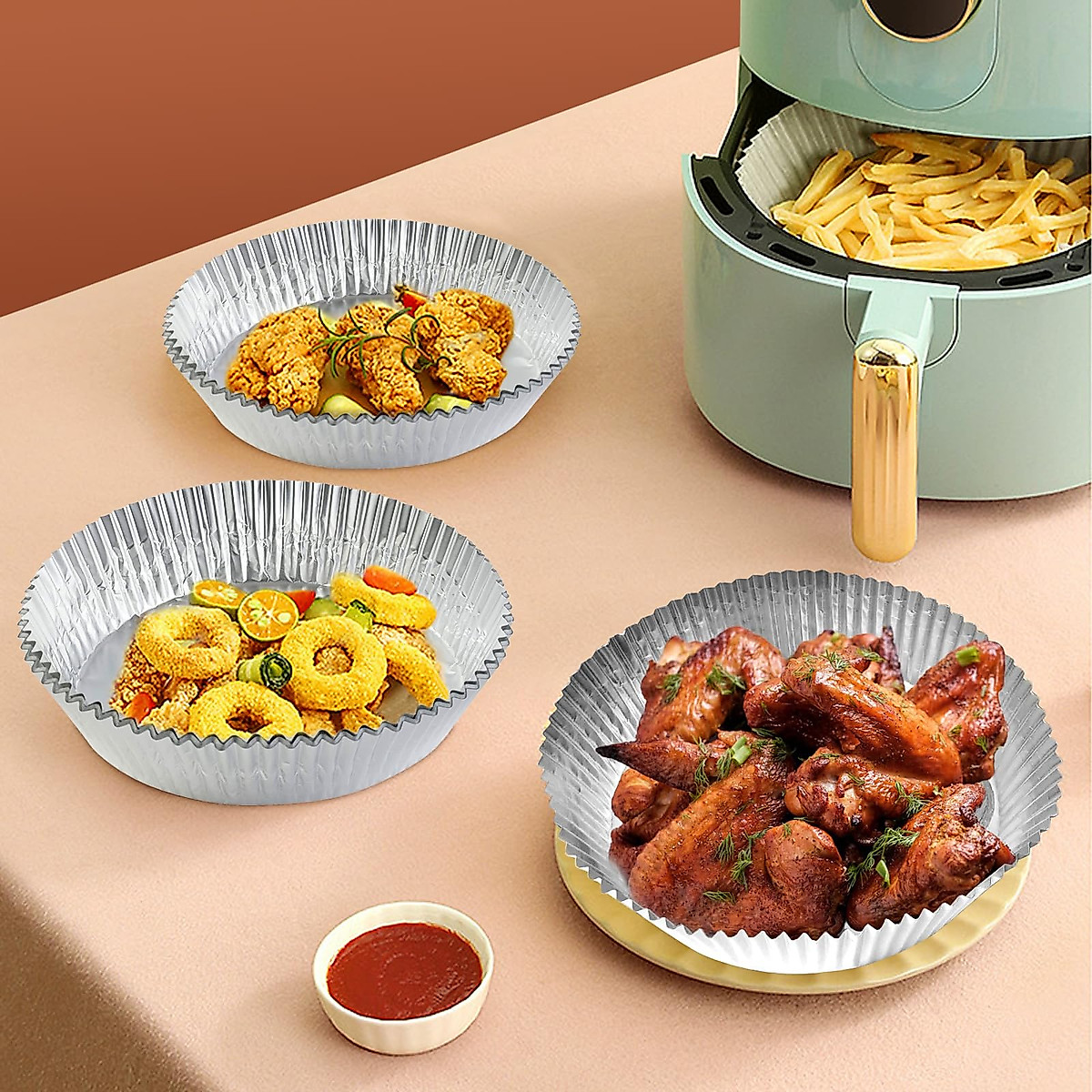 Aluminum Foil Air Fryer Liners, 90PCS Square Non-stick Air Fryer Disposable Paper Liner, Oil-proof Water-proof Air Fryer Sheets, Food Grade Aluminum Foil for Baking, Frying, Grilling(8'' Square)