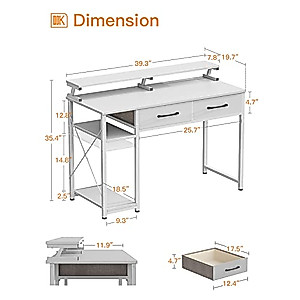 ODK Computer Desk with Drawers, 40 Inch Office Desk with Storage & Shelves, Work Writing Desk with Monitor Stand Shelf, White Home Office Desks for Small Spaces