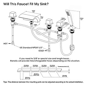 Deck Mount Roman Tub Faucet Set, Waterfall High Flow Chrome Bathtub Faucets, 12-15.7in Widespread, Deck Mount Tub Faucet with Valve, 5 Holes Bath Tub Faucet Set,14GPM@60PSI,with Handheld Shower