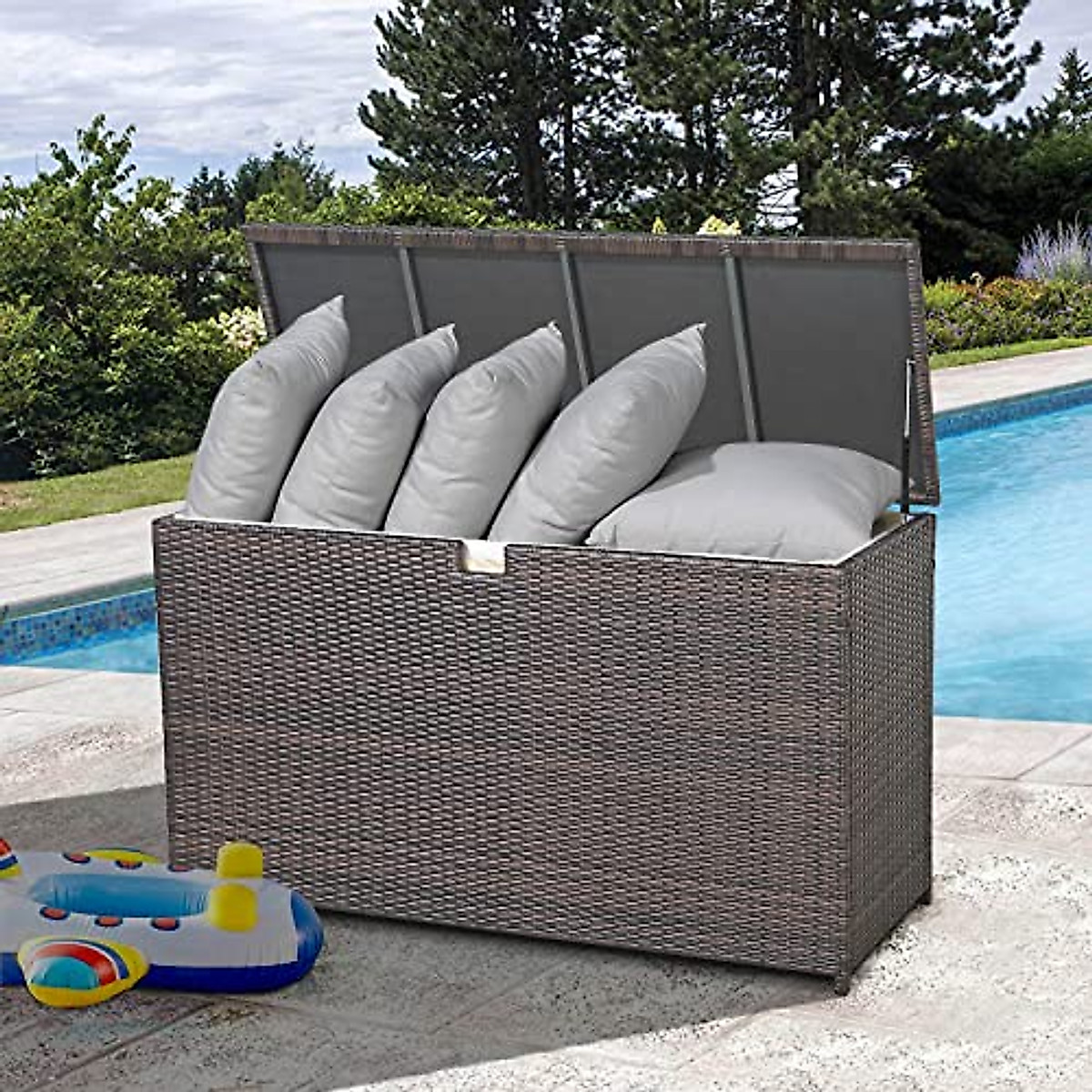 JOIVI Outdoor Storage Deck Box, Aluminum Frame Wicker Storage Bin Deck Box, 120 Gal, Brown