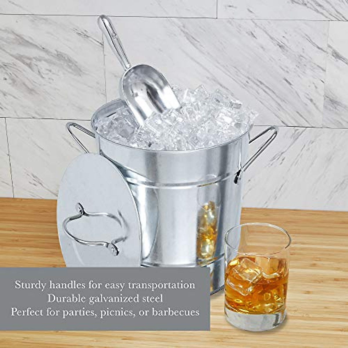 Twine Ice Bucket With Lid And Ice Scoop, Galvanized Metal Drink Tub, Wine And Beer Chiller, Holds 5.35 Gallons