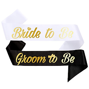 HAPRTY Bride to Be and Groom to Be Sash, 2 Pieces White and Black Bachelorette Sash for Bridal Shower Engagement Party Decorations Supplies