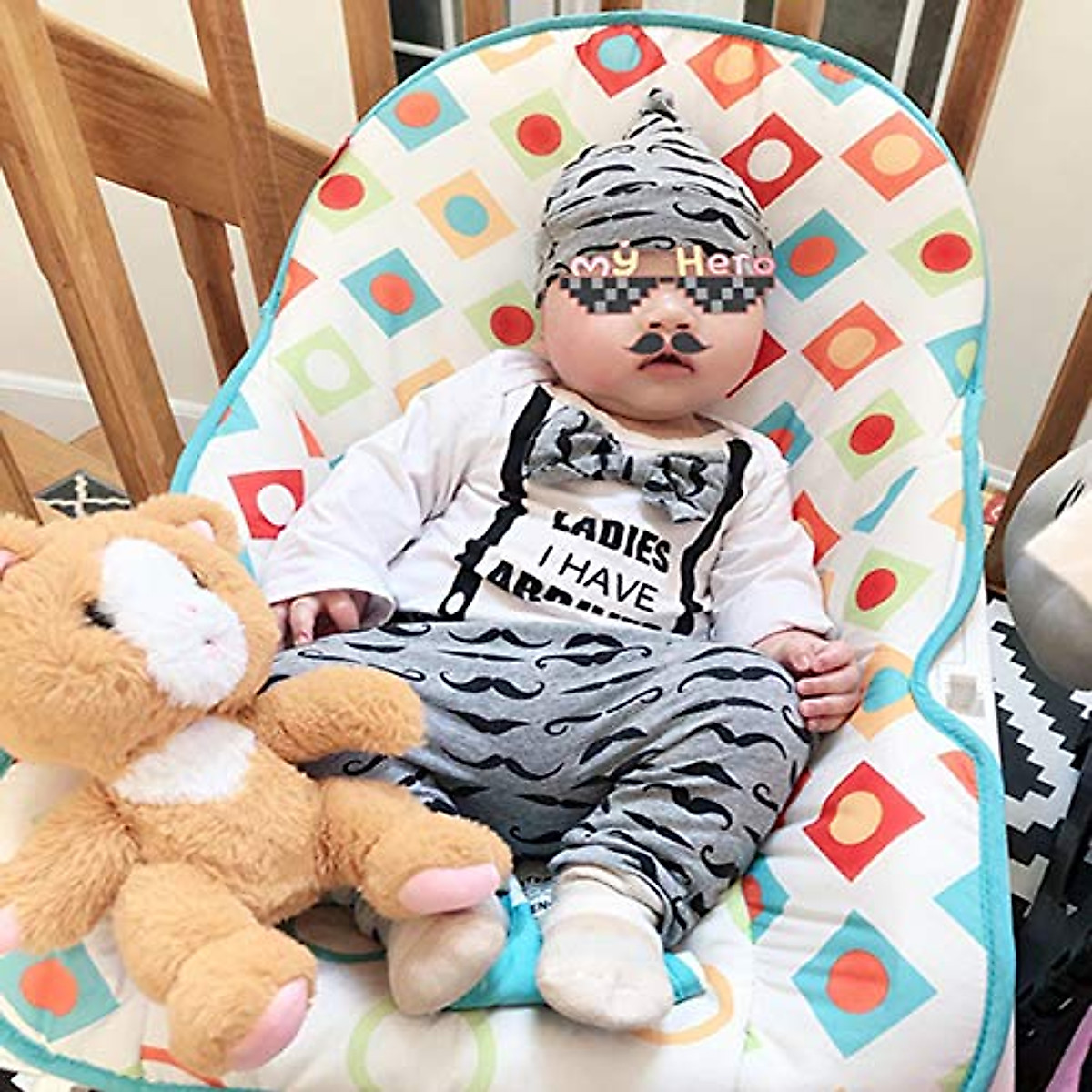 Tikoubabe 3-6 Months Baby Boy Clothes Newborn Outfits Infant Cute Hipster Romper + Long Pants + Hat 3 Pieces Ladies I Have Arrived Printed Mustache hat 3-6 Months 80cm