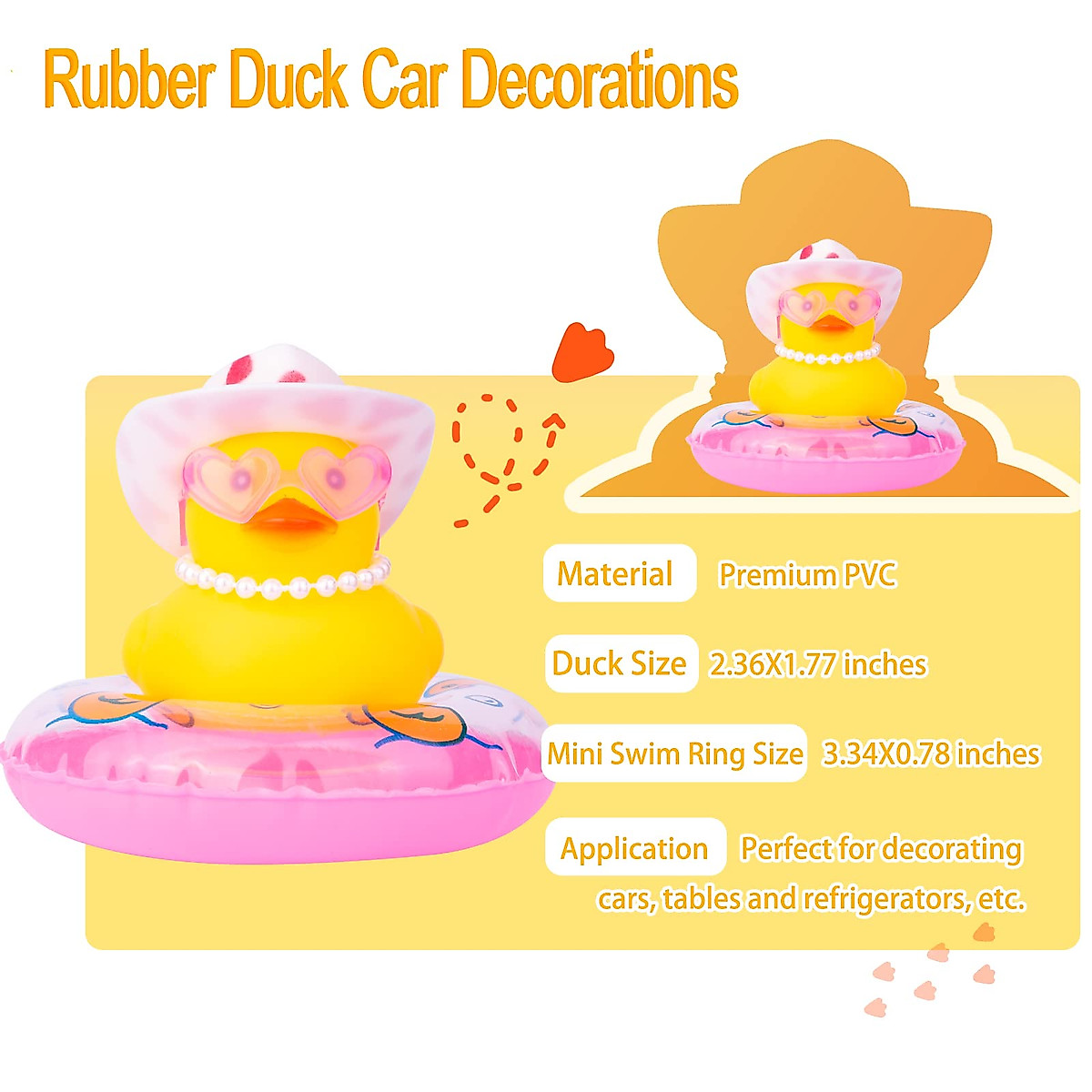 MuMyer Yellow Duck Car Ornaments Rubber Duck Car Dashboard Decorations with Mini Love Glasses Swim Ring Cowboy Hat Necklace for Car Dashboard Decoration(L1)
