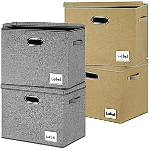 LHZK 4Pack Extra Large Storage Bins with Lids 16x12x12 Foldable Linen Fabric Storage Boxes with Lids, Decorative Fabric Storage Bins with Label & 3 Handles for Shelves Bedroom Home Office (Grey,Beige)