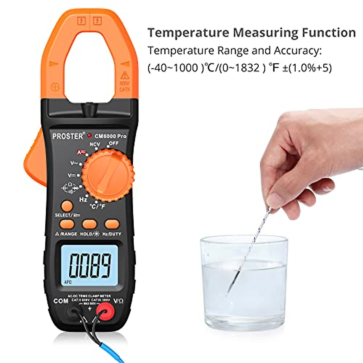 Proster Digital Clamp Meter TRMS 6000counts, 800A DC AC Current AC/DC Voltage NCV Continuity Capacitance Resistance Frequency Diode Hz Test, with1 PairTest Leads 1 Pair Alligator Clips