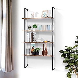 ZenStyle 4-Shelf Bookcase, Industrial Floating Shelves Wall Mount with MDF Wood and Black Metal Frame, Nutmeg/Black