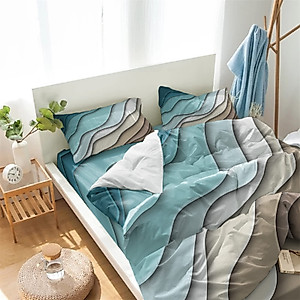 4 Pieces Duvet Cover Bedding Set Cal King Ultra Soft Quilted Luxury Washed Comforter Bedspread Bed Sheet Pillowcases Modern Teal Bule Brown Gradient for Bedroom Decor Geometric Abstract Beach