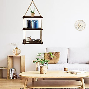 Iwaiting Outdoor Hanging Shelves for Wall, 3 Tier Antique Wood Floating Hanging Shelf with Handmade Twine Weaving Process, Suitable for Bedroom Living Room Bathroom Hanging Window Plant Shelves Decor