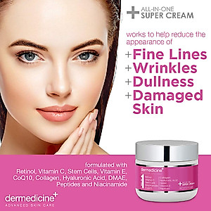 All In One Super Anti-Aging Cream for Face with Retinol, Vitamin C, Stem Cells, Vitamin E, CoQ10, Collagen, Hyaluronic Acid, DMAE, Peptides, Niacinamide for More Youthful Looking Skin 2oz
