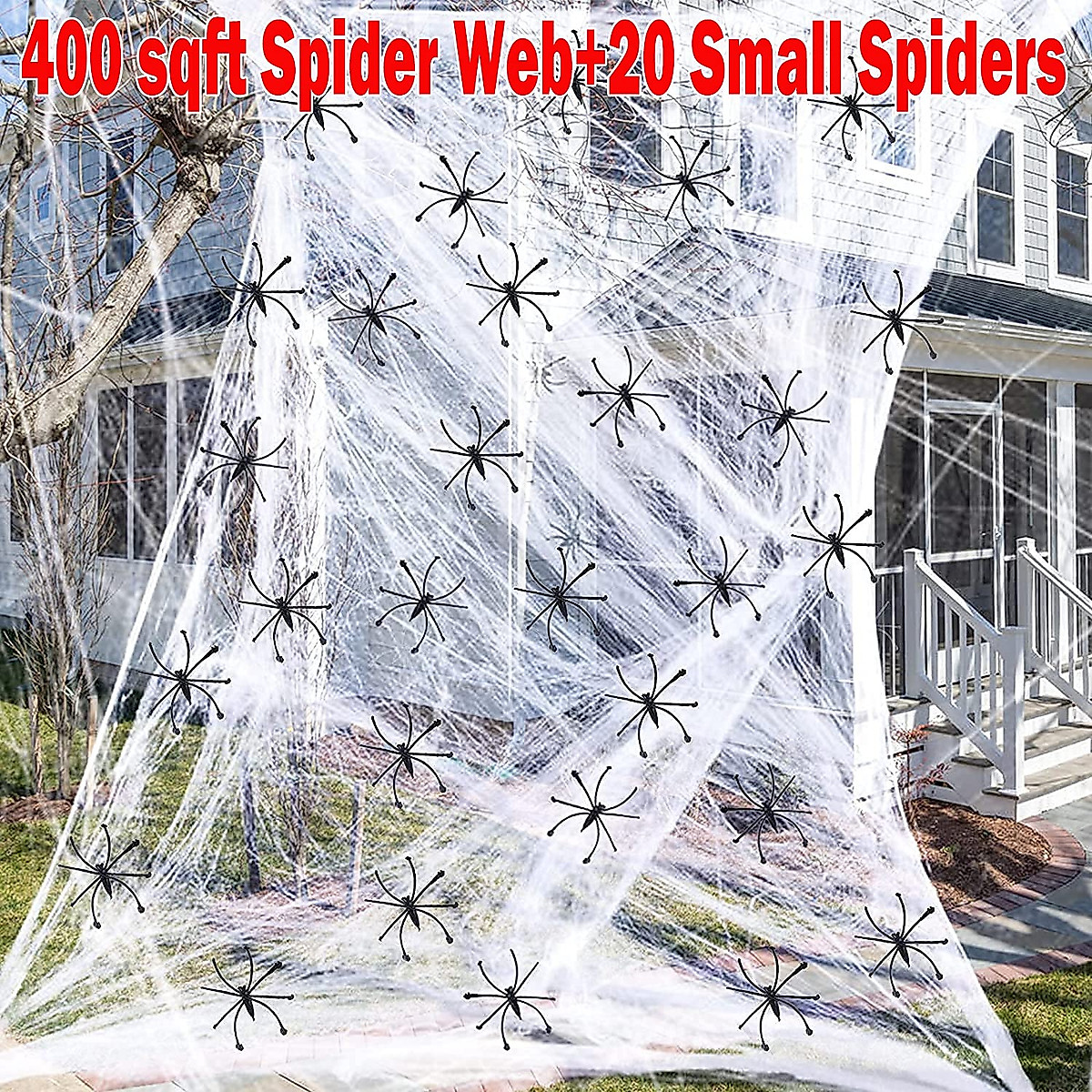 10 Pack Halloween Spider Decorations with 8 Giant Spider Halloween Spiders 400 sqft Stretch Cobwebs Spider Web 20 Small Plastic Spiders for Indoor Outdoor Halloween Decorations Yard Home Parties Décor